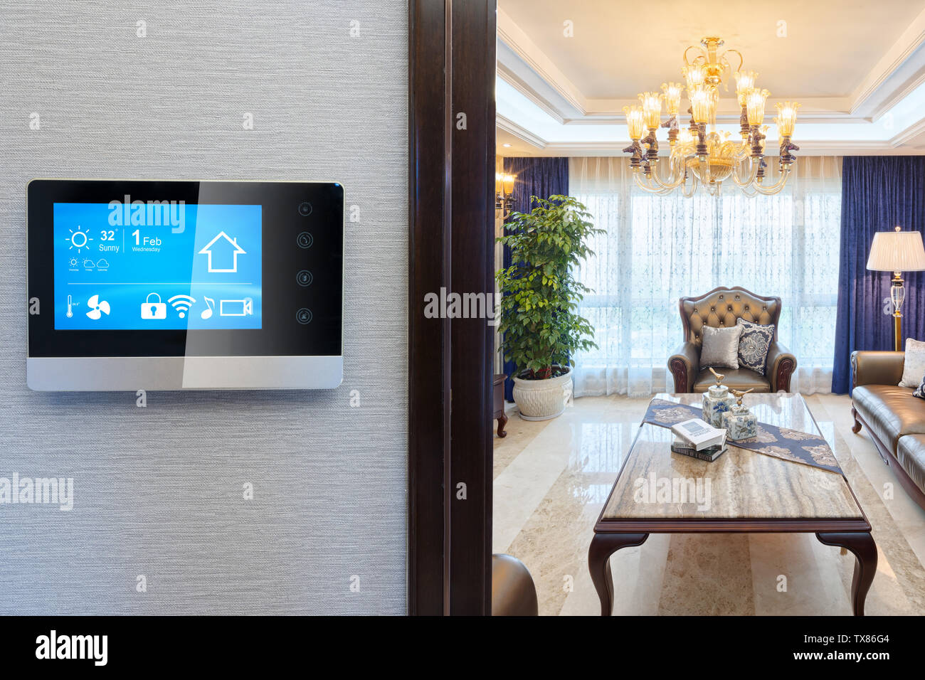 smart screen with smart home with modern living room Stock Photo - Alamy