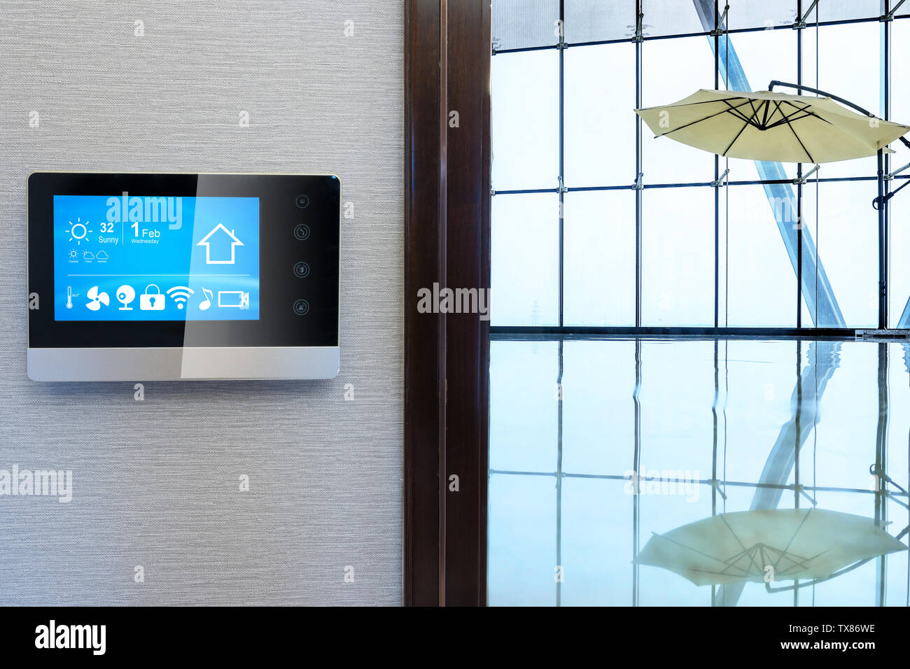 smart screen with smart home with modern hall Stock Photo - Alamy