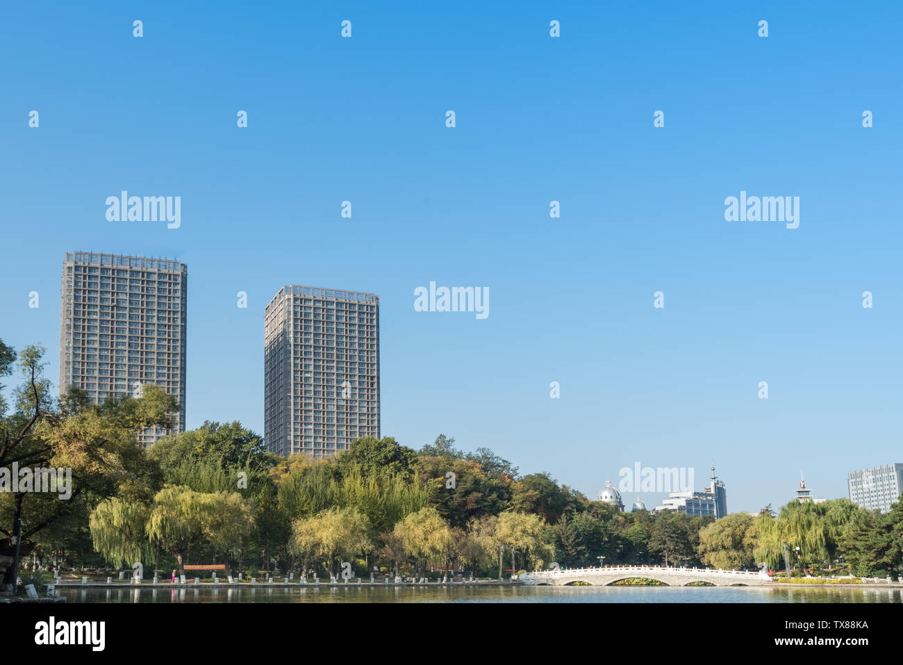 Autumn China Fushun early morning park river bank willow stone bridge ...
