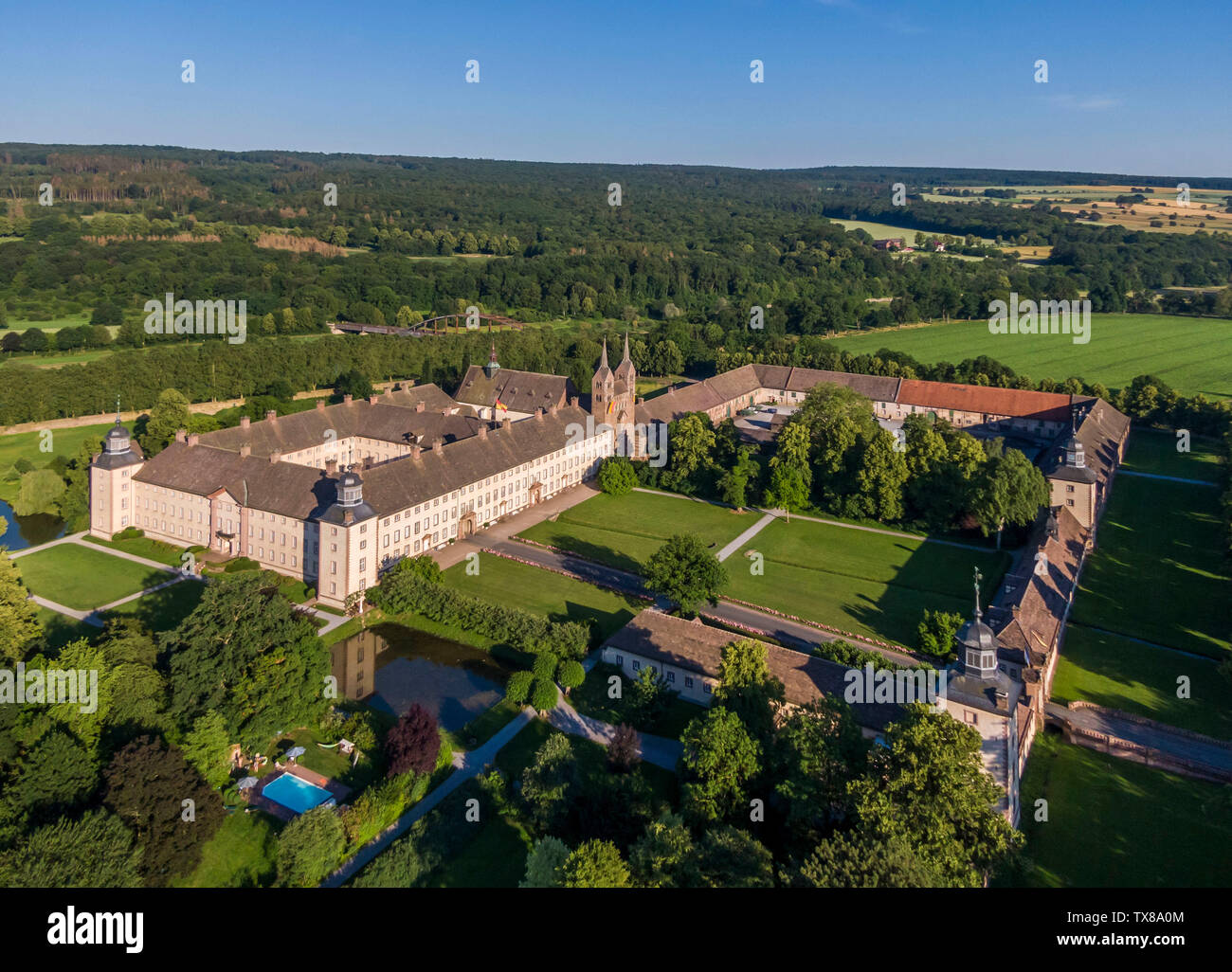 Aerial view of The Princely Abbey of Corvey in North Rhine-Westphalia ...