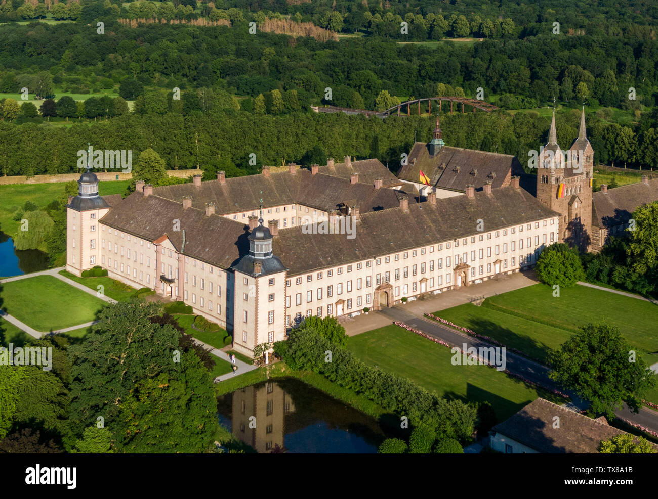 Aerial view of The Princely Abbey of Corvey in North Rhine-Westphalia ...