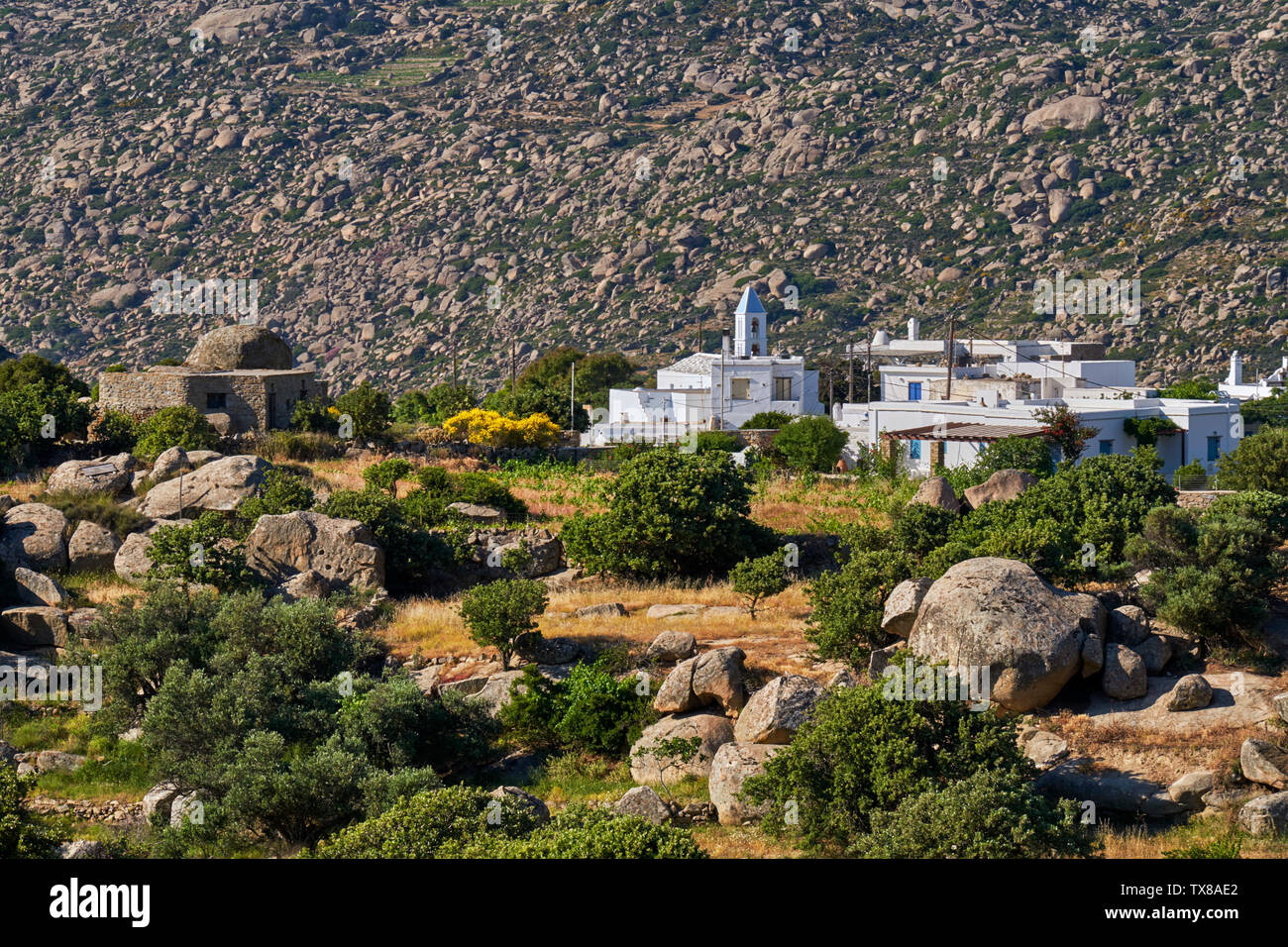 Volakas village surrounded by granite boulders on the Volax Plateau ...