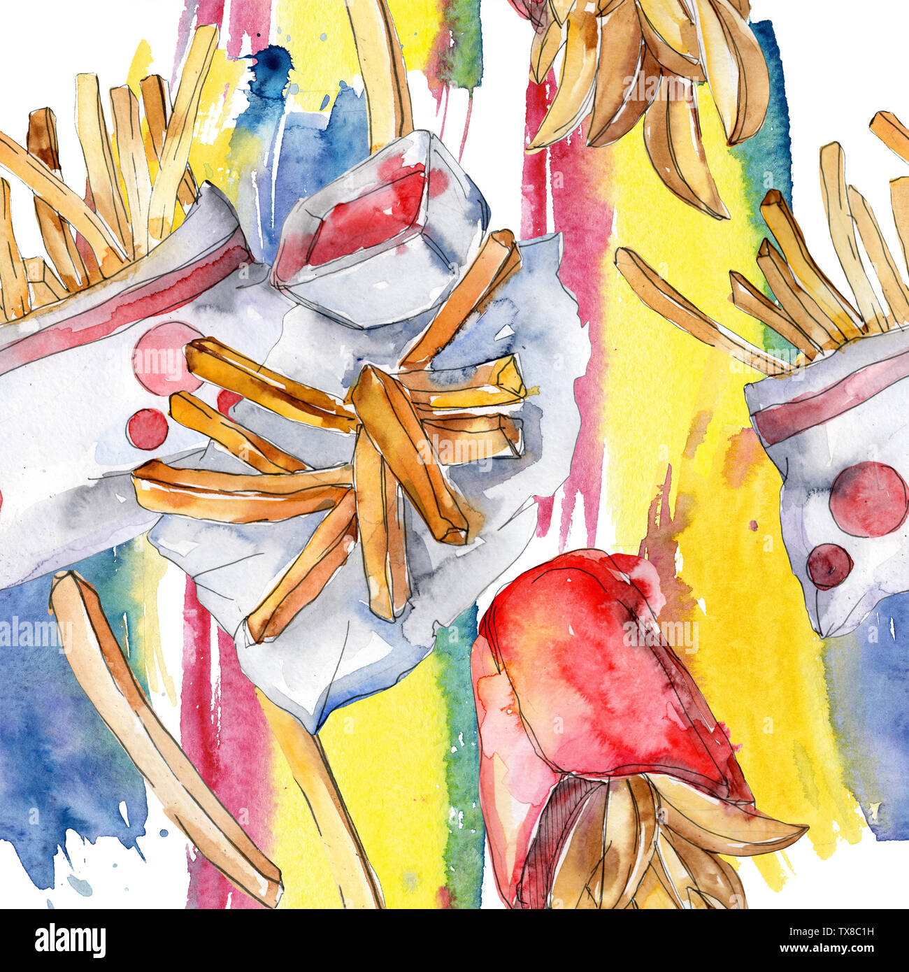 Fast food french fries tasty food. Watercolor background illustration ...