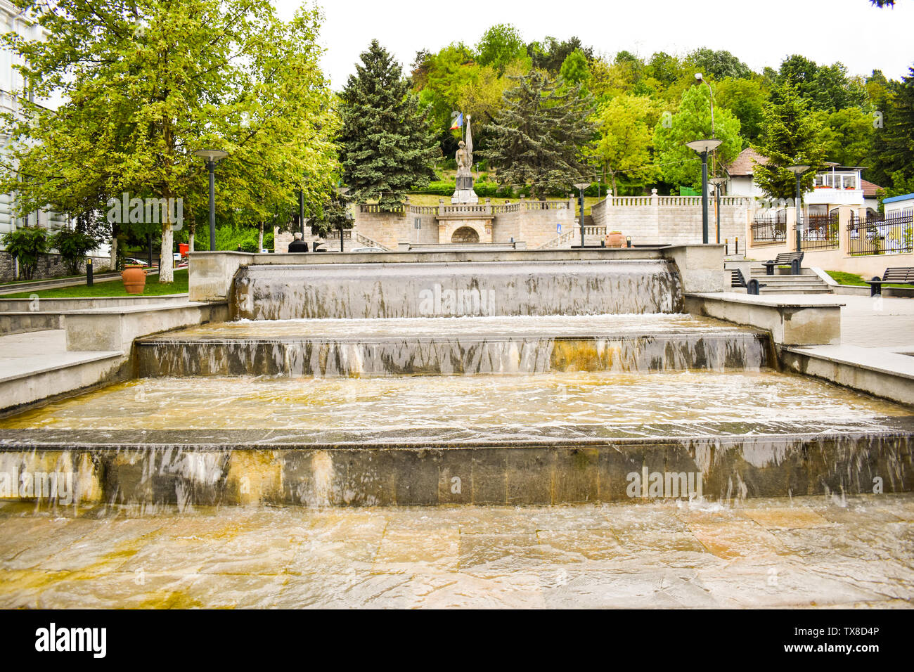 Beautiful fountains in downtown of the modern city Ramnicu Valcea ...