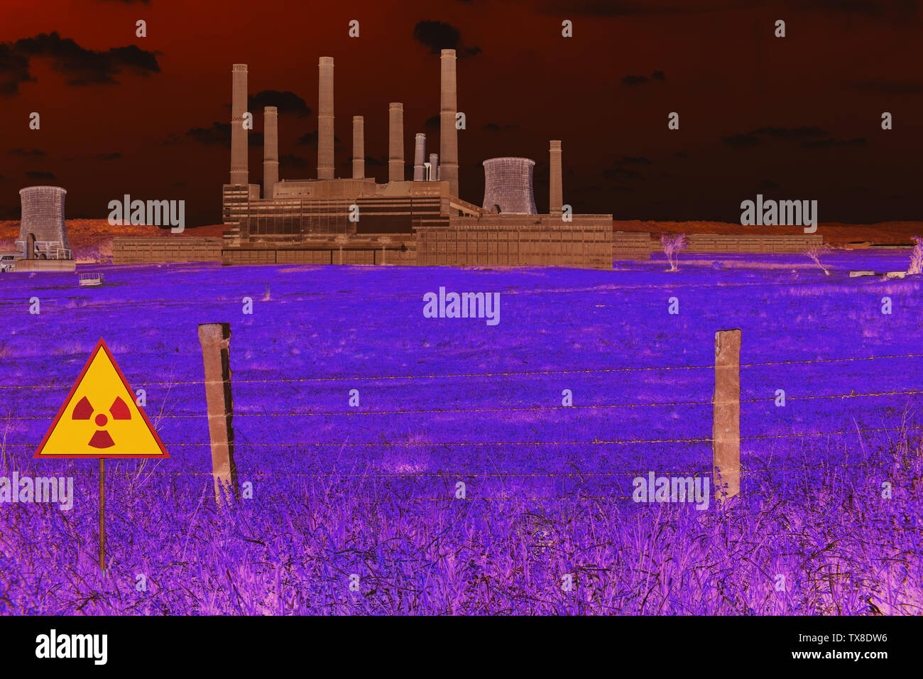 Barbed wire fence and radioactive sign on the nuclear chemical power ...