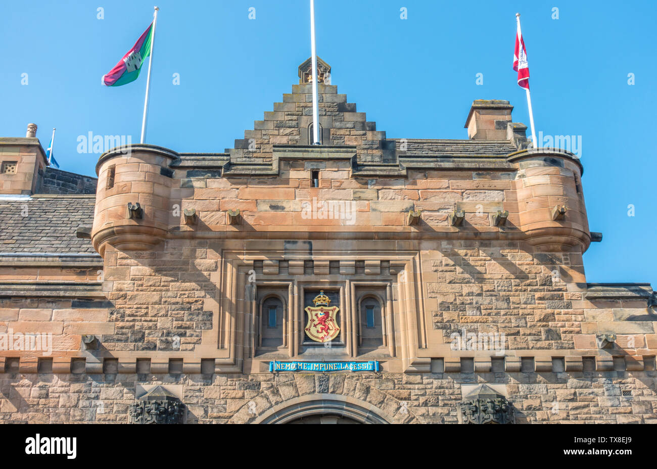 Closeup of the upper part of the main front entrance to Edinburgh ...