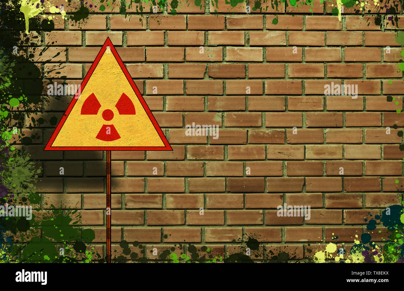 Yellow triangle sign with an international Radioactive Symbol on messy ...