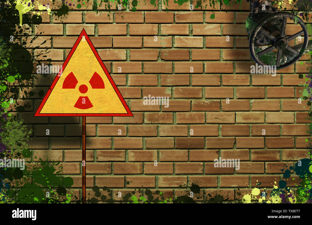 Yellow triangle sign with an international Radioactive Symbol on messy ...