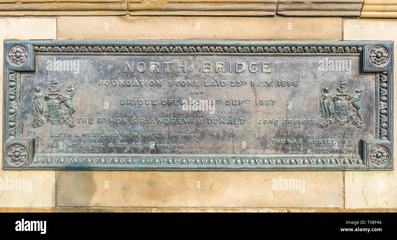 The ornate and inscribed Foundation Stone set into North Bridge, which ...