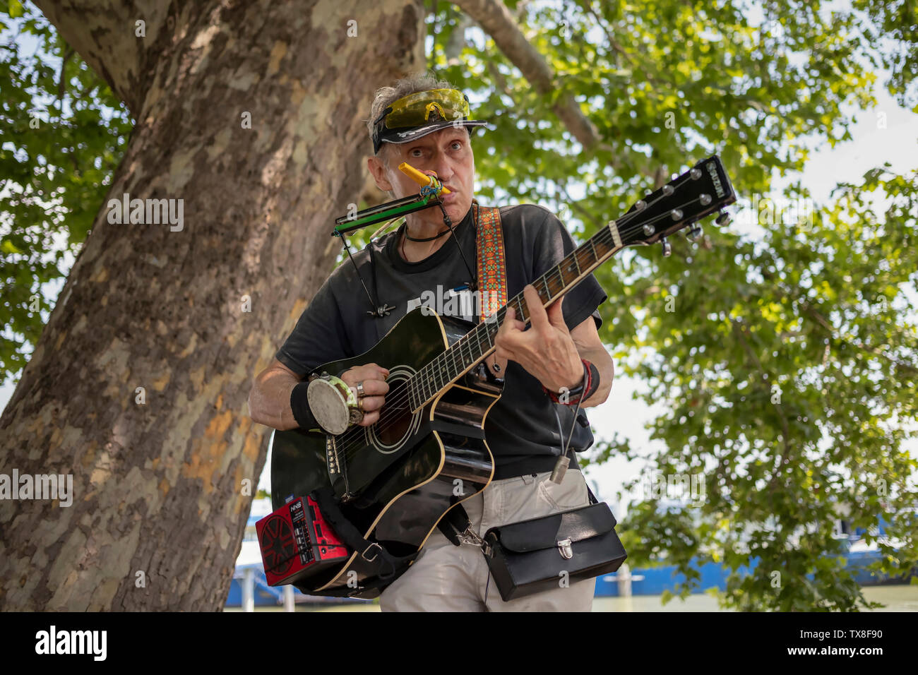 Belgrade, Serbia, June 22nd 2019: Portrait of one man band performing ...