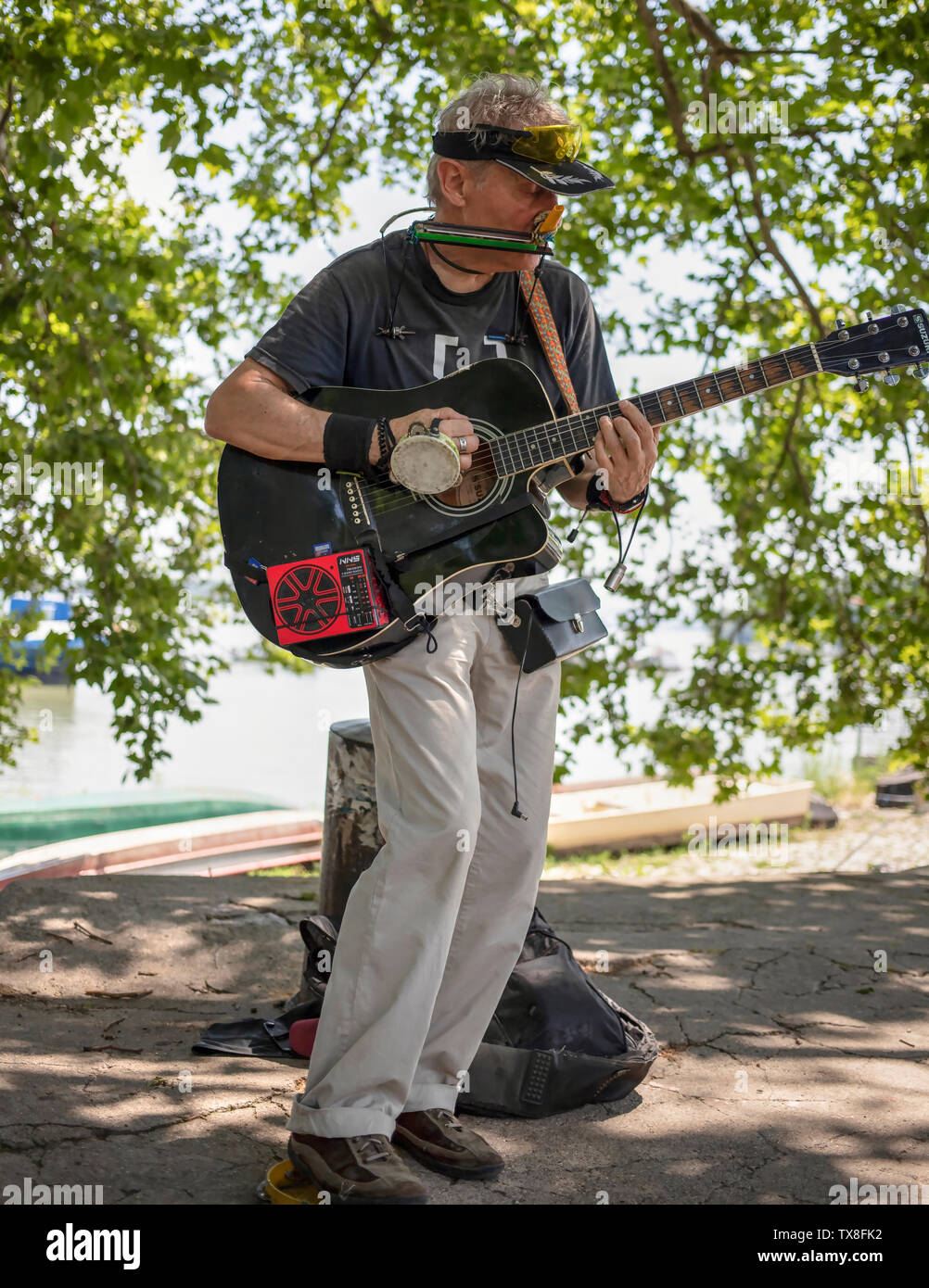 Belgrade, Serbia, June 22nd 2019: One man band performing at the Danube ...