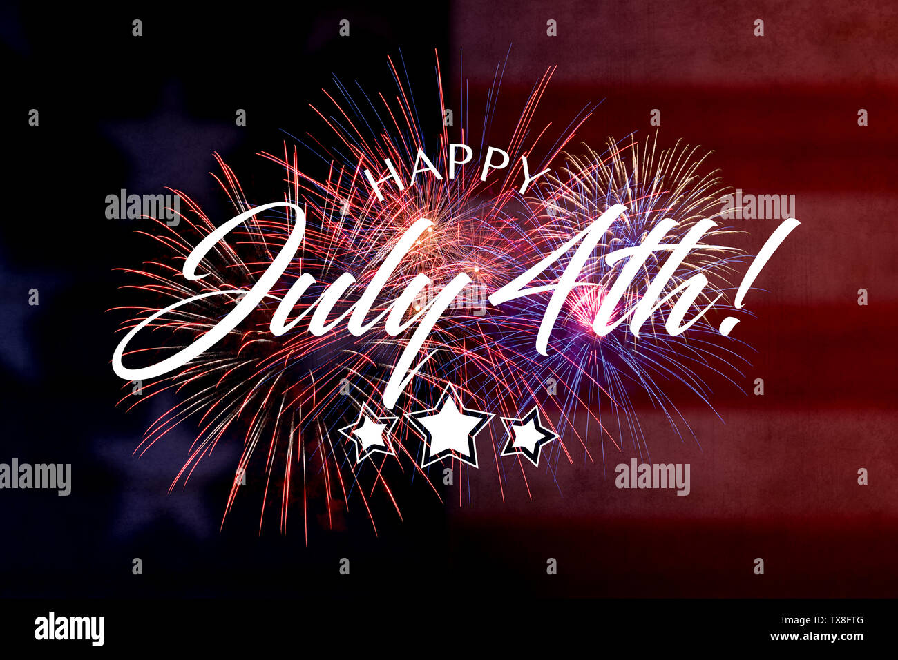 Happy JUly 4th greeting with red and blue background with fireworks ...