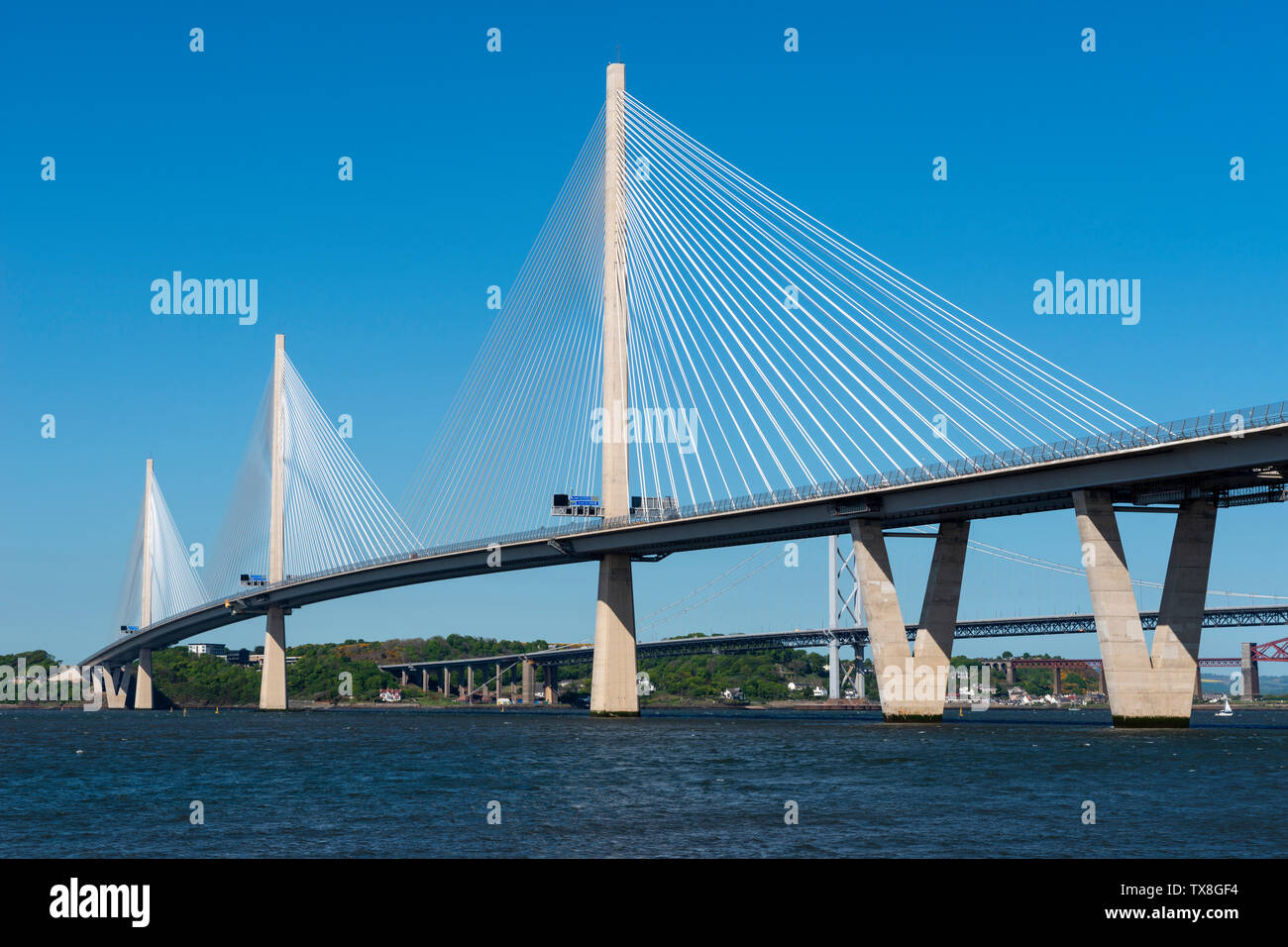 New Queensferry Crossing road bridge, with Forth Road Bridge and Forth ...