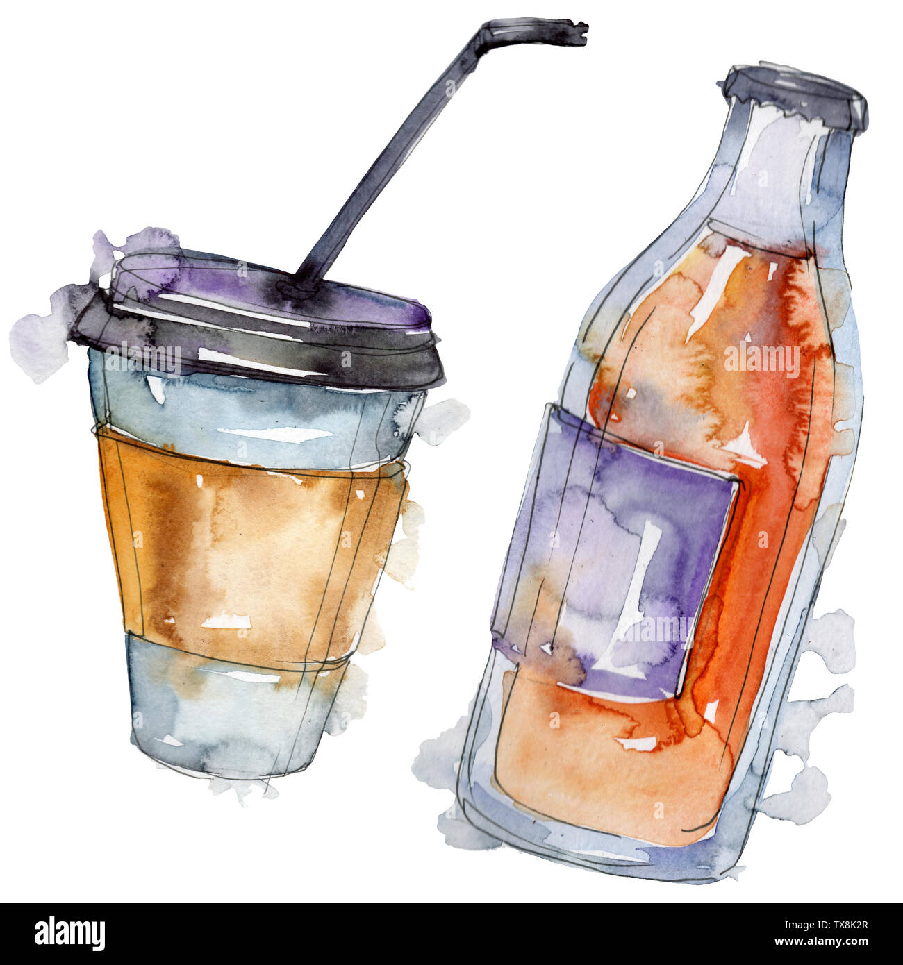 Fresh and cold soft drinks. Watercolor background illustration set ...