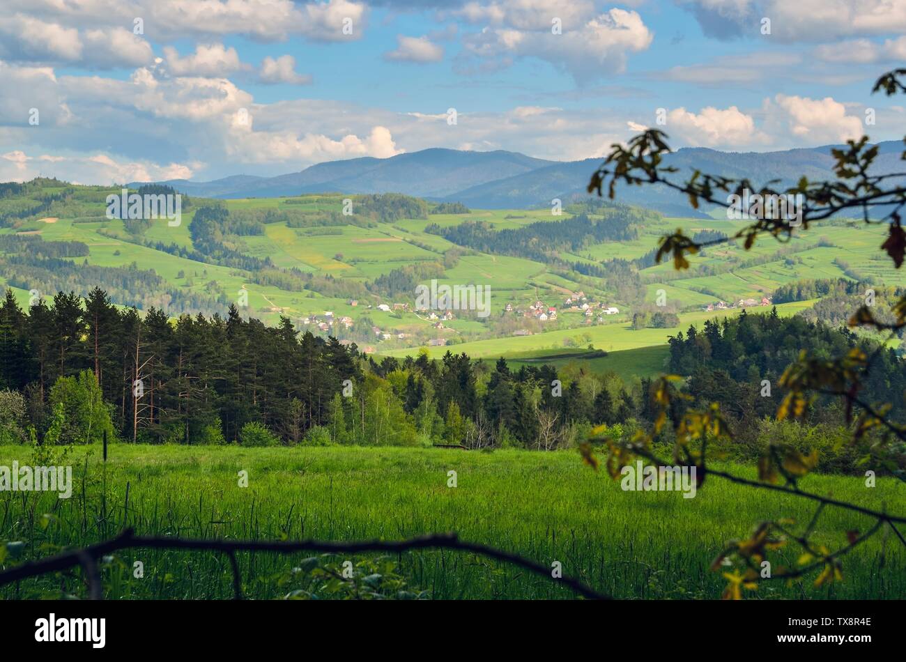 Beautiful rural mountain landscape. Charming villages in the valleys ...