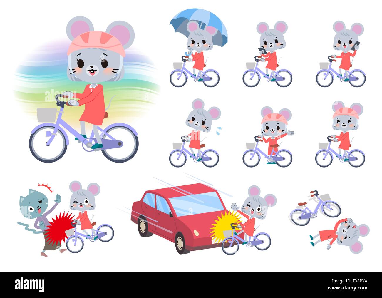 A set of mouse girl riding a city cycle.There are actions on manners ...