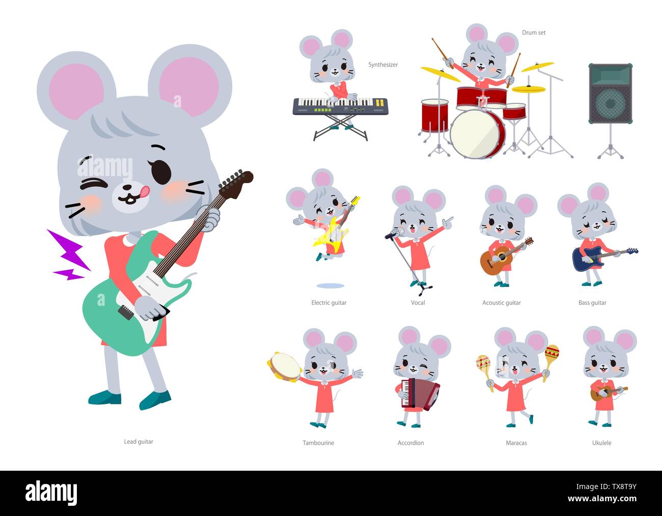 A set of mouse girl playing rock 'n' roll and pop music.There are also ...