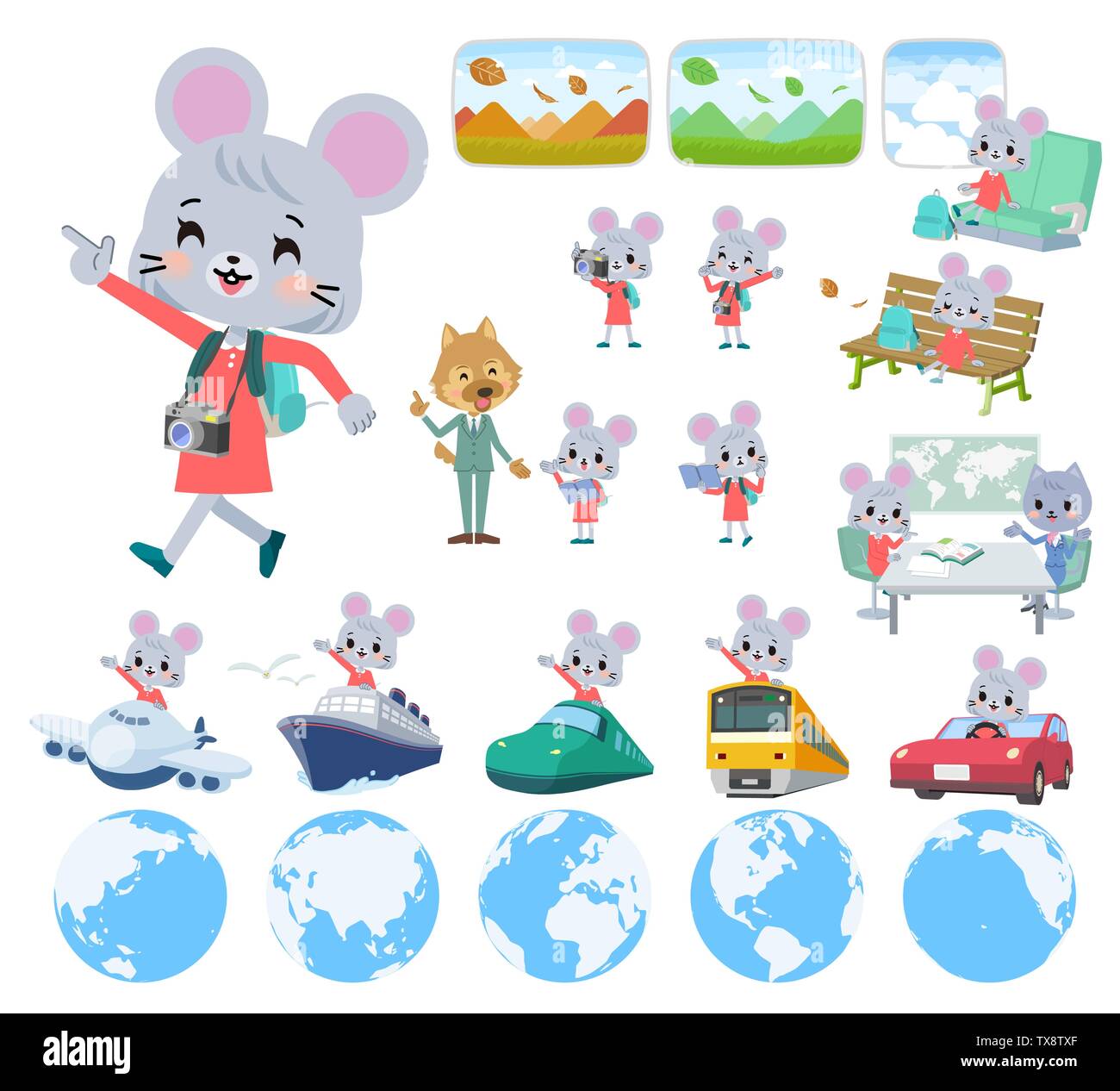 A set of mouse girl on travel.There are also vehicles such as boats and ...