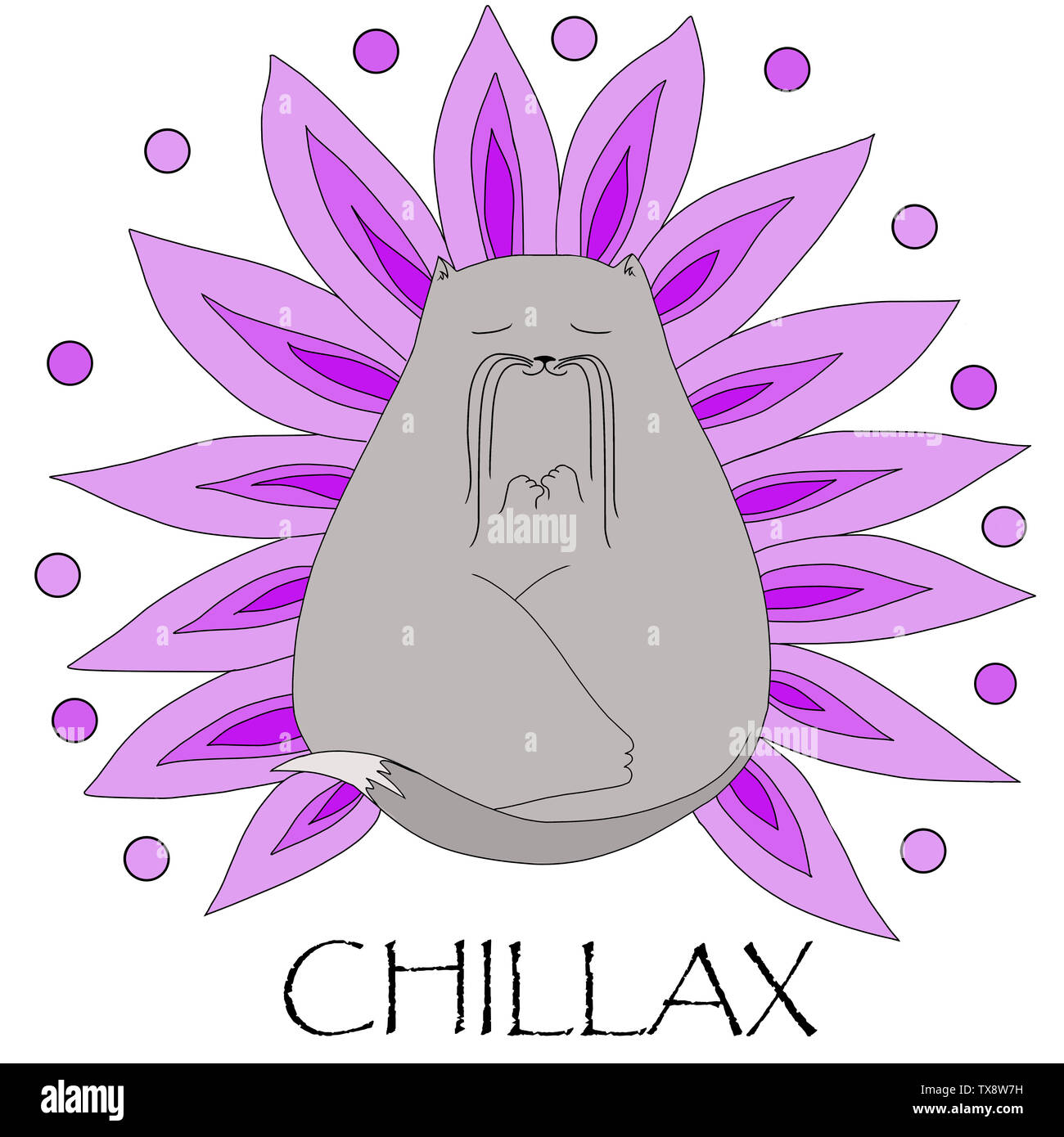 Abstract cartoon grey zen cat with a lilac lotos flower petals on white ...