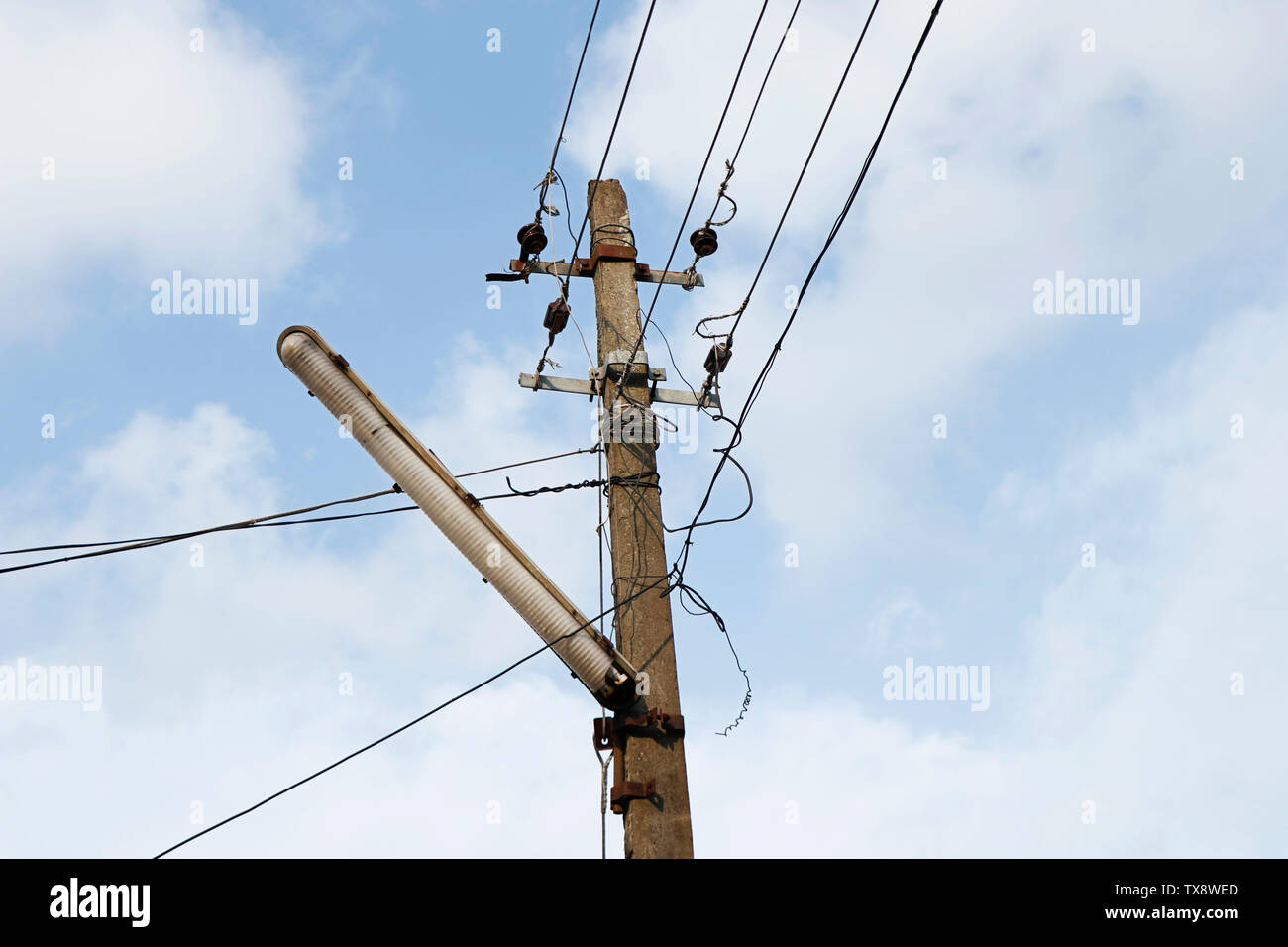 electrical post and street lights, Light post isolated with blue sky ...