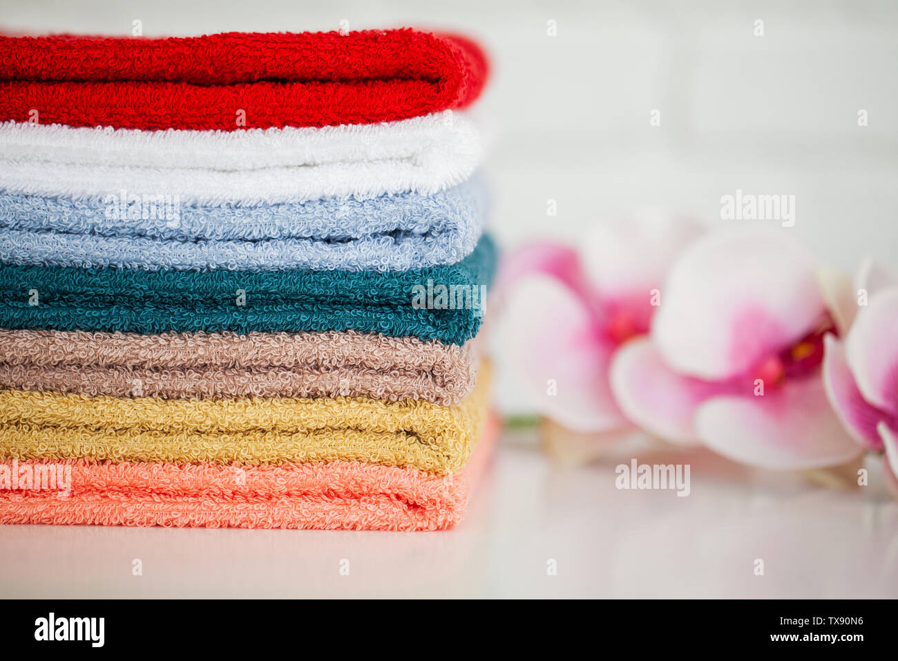 Spa. Colored Cotton Towels Use In Spa Bathroom. Towel Concept. Photo ...