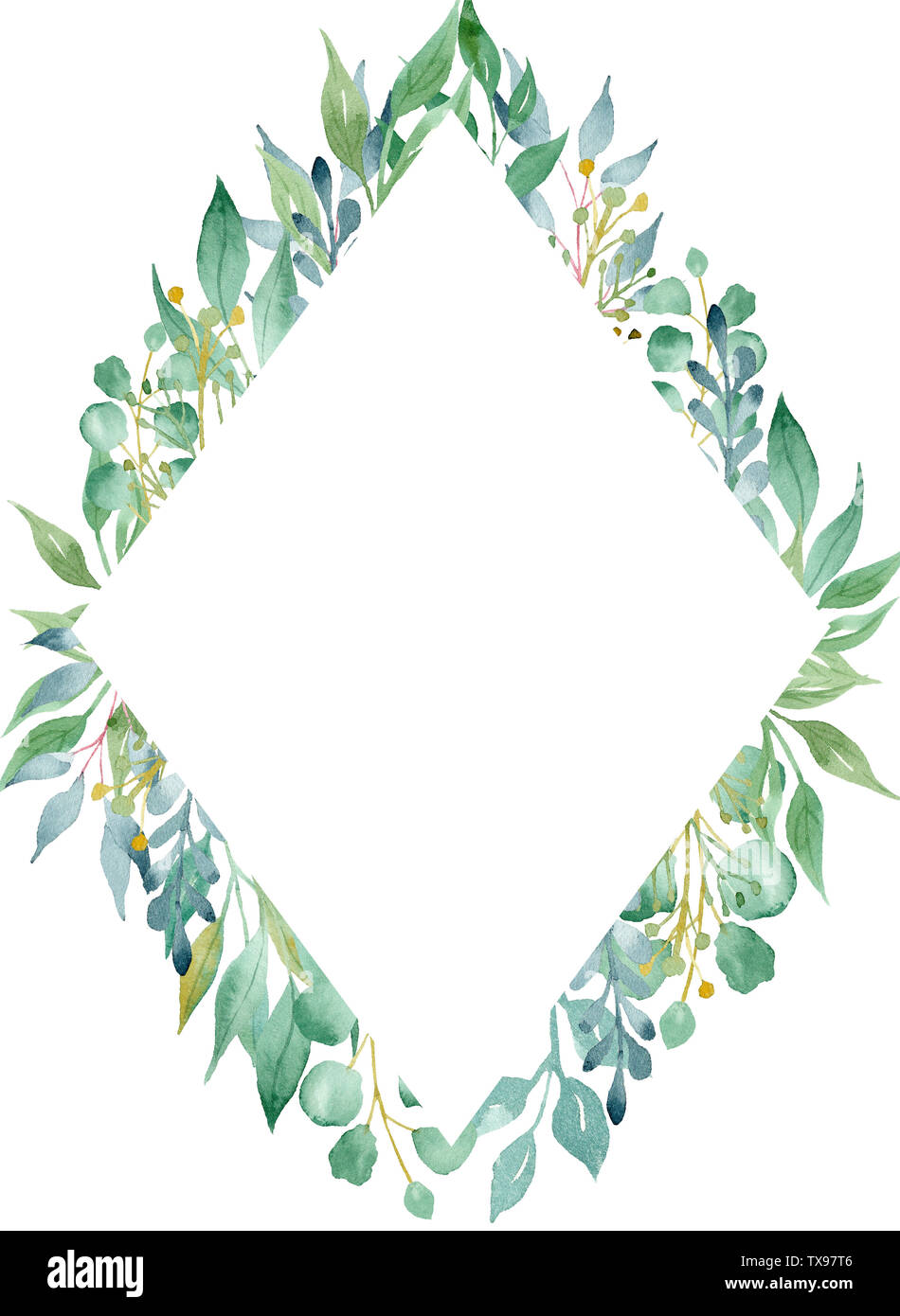 Floral watercolor hand drawn raster frame template. Green leaves ...