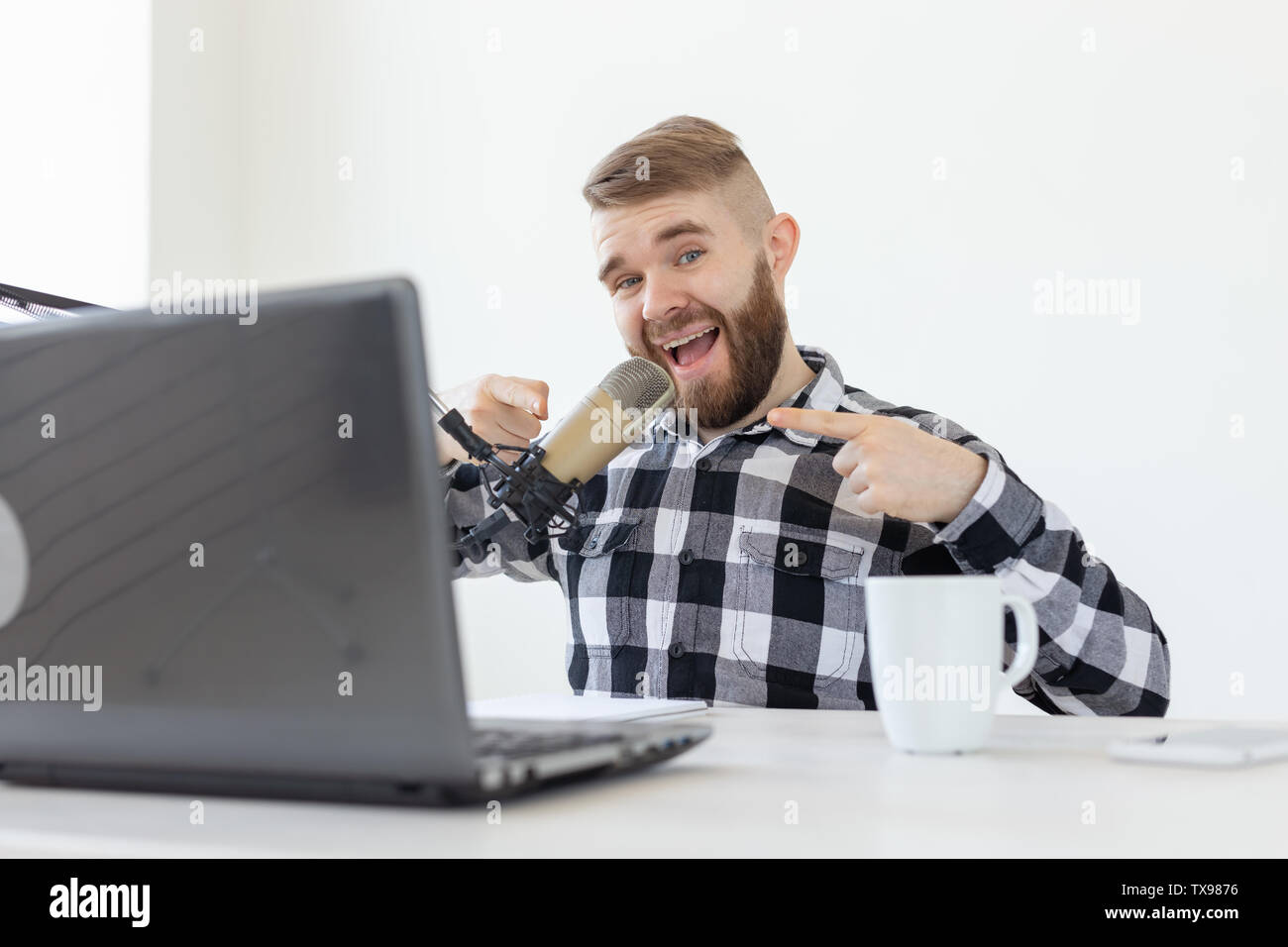 Radio host, streamer and blogger concept - radio dj working at studio ...