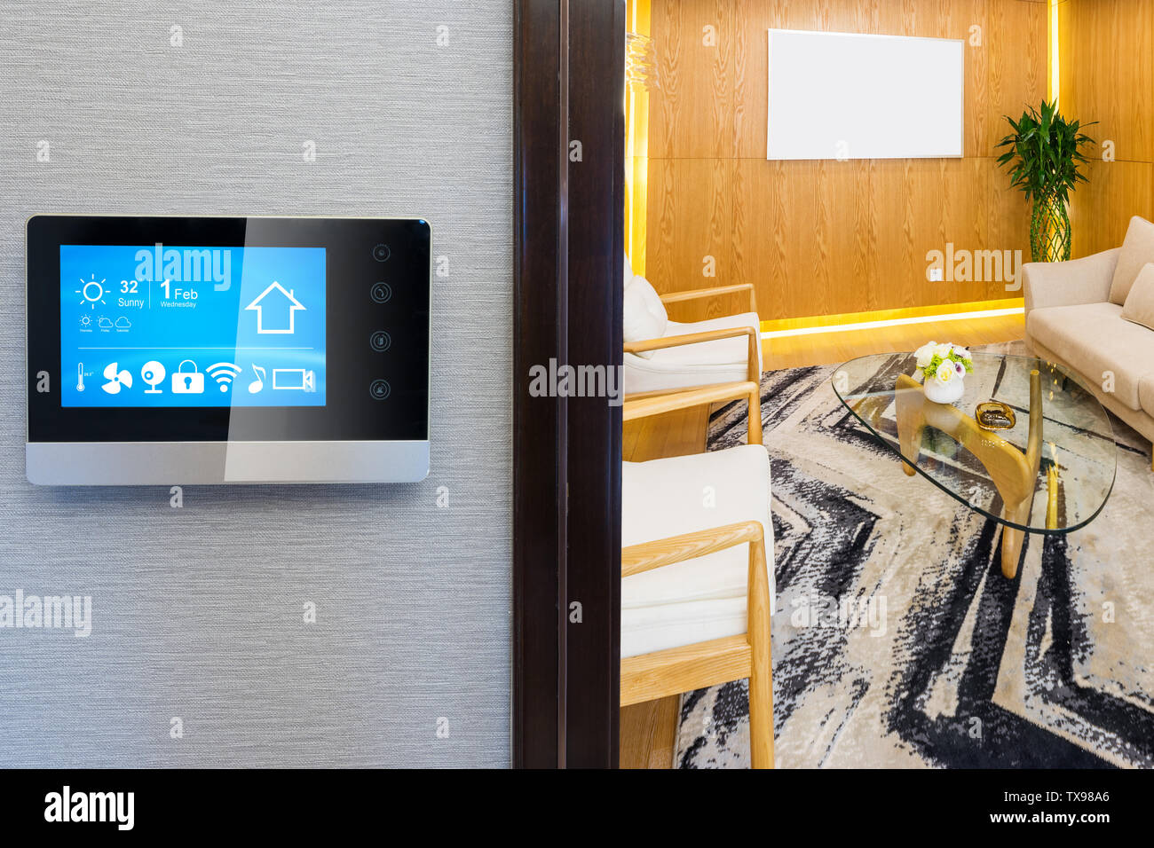 smart screen with smart home with modern living room Stock Photo - Alamy