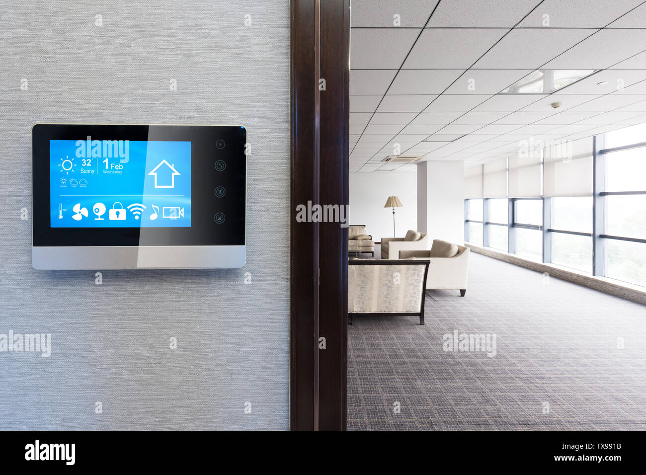 smart screen with smart home with modern living room Stock Photo - Alamy