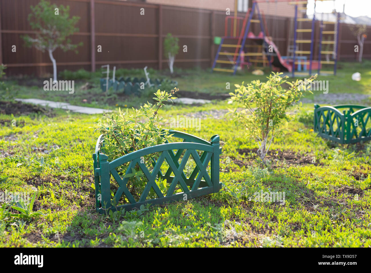 Sunny garden with green grass and bushes and small playground ...