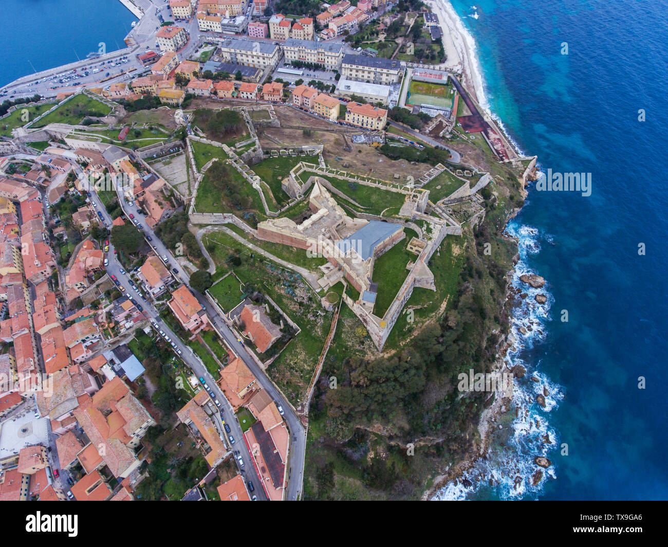 Aerial view of the Fort Falcone in Portoferraio on Elba island, Italy ...