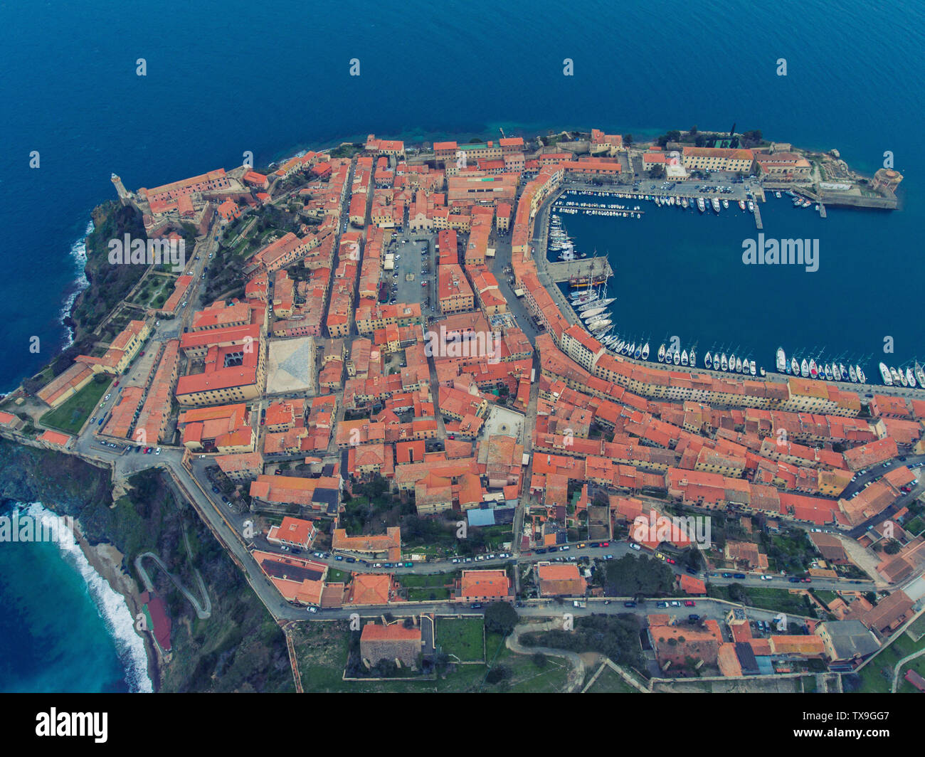 Air view of the port and the city centre of Portoferraio. The Island ...