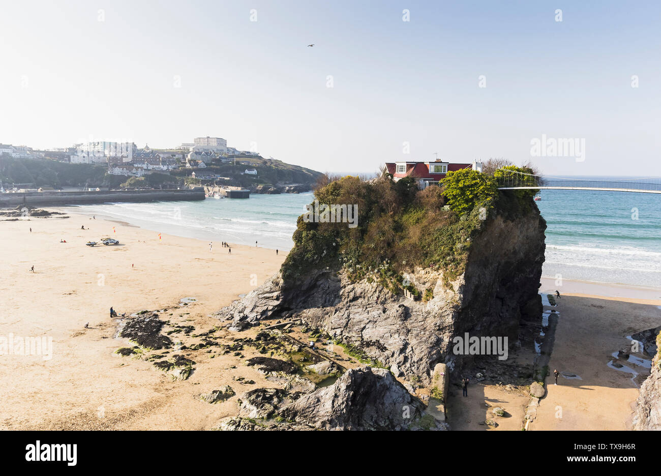 Towan Island at Newquay, Cornwall, UK is accessible only by a 1901 ...