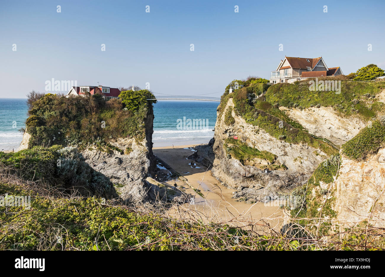 Towan Island at Newquay, Cornwall, UK is accessible only by a 1901 ...