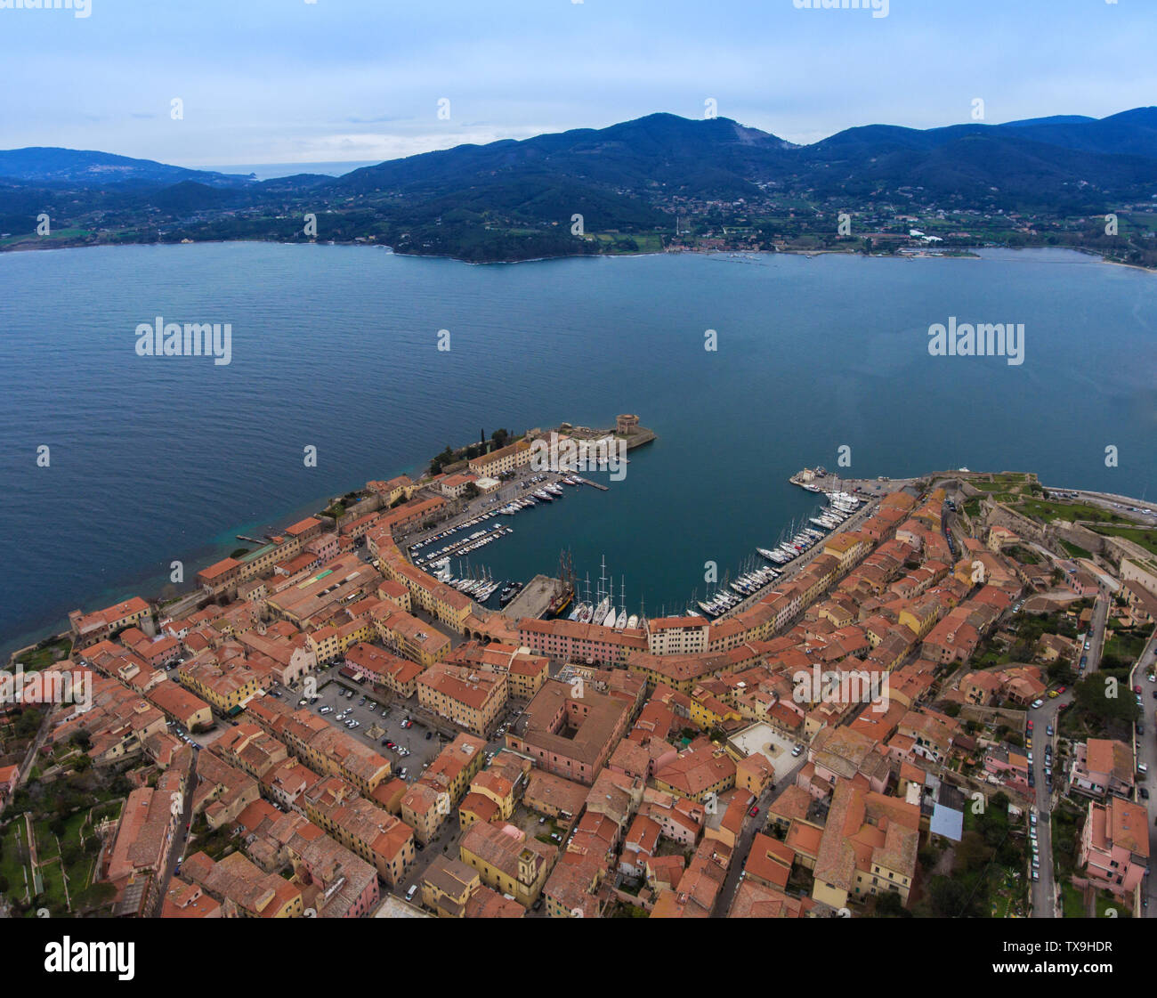 Air view of the port and the city centre of Portoferraio. The Island Of ...