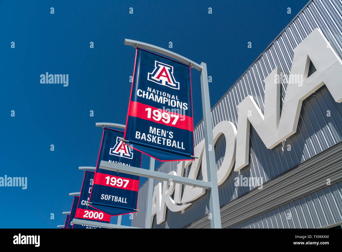 TUCSON, AZ/USA - APRIL 11, 2019: Athletic Flags and Penannts on the ...