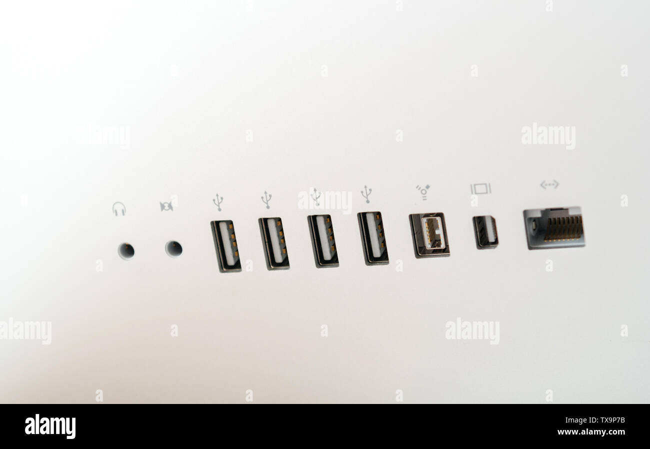 London, United Kingdom - Mar 31, 2014: Rear view of ports connections ...