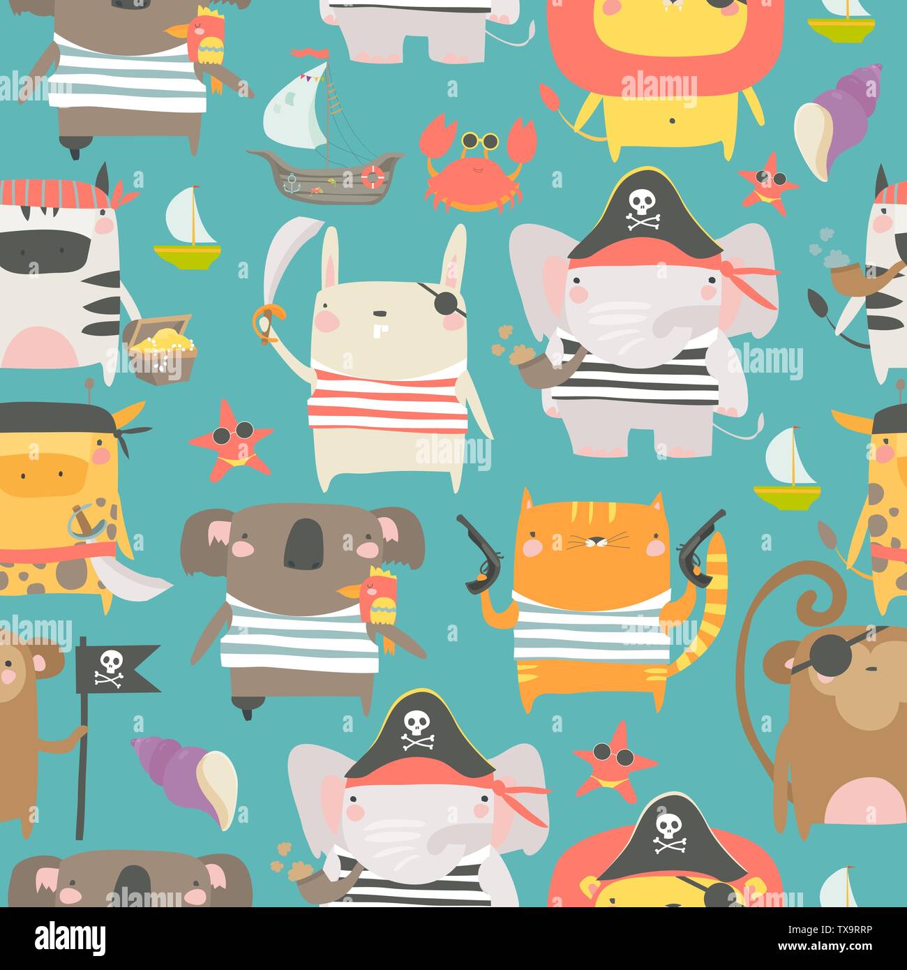 Seamless pattern with cute animals with pirate and sailor attributes ...