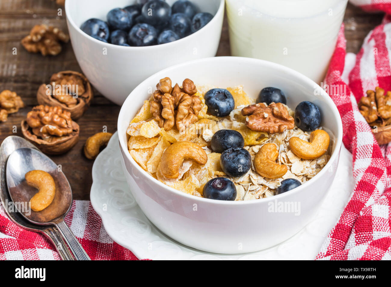 Fruit, nut, oatmeal breakfast Stock Photo - Alamy