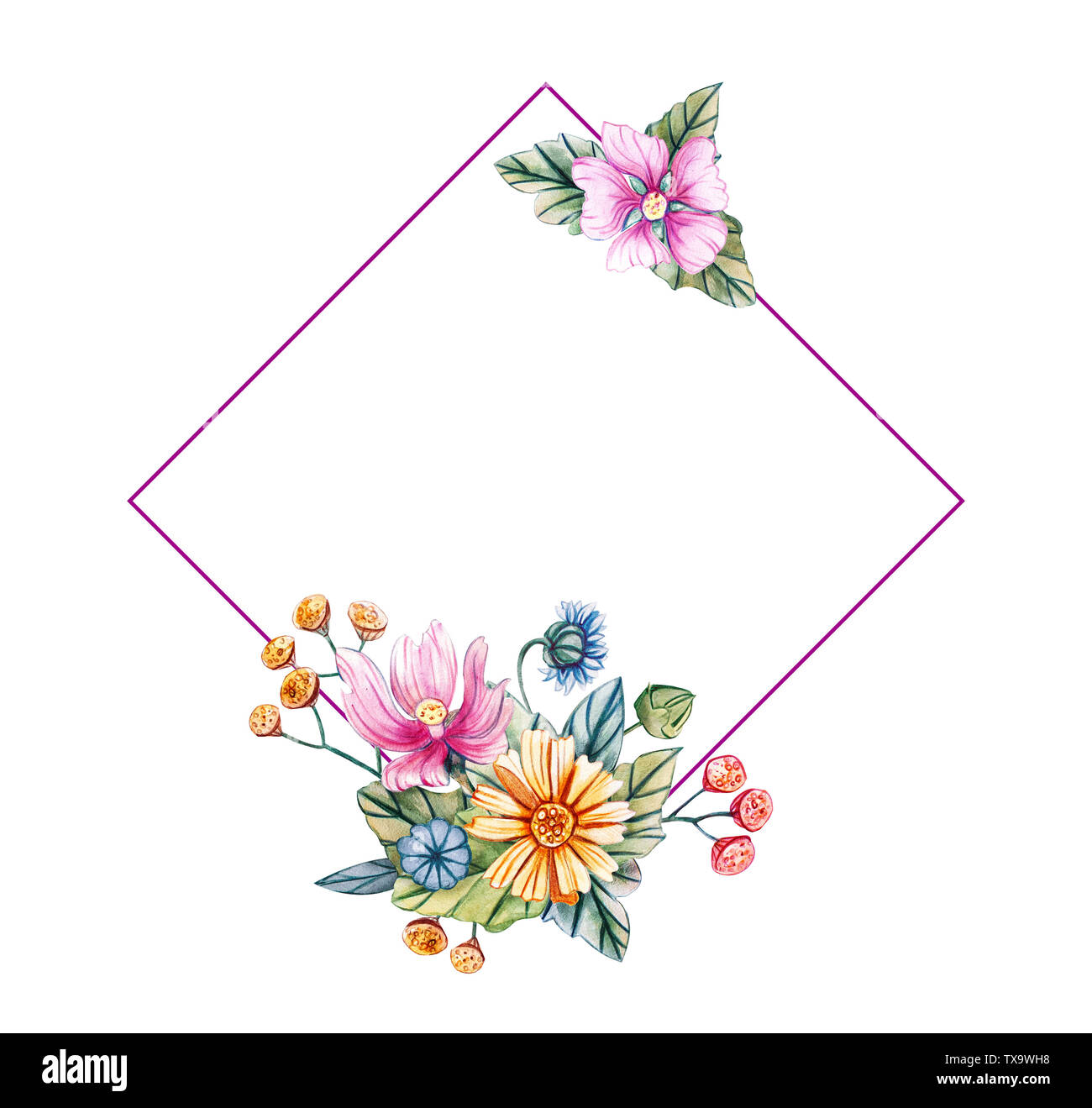 Floral square frame of watercolor wildflowers. There is a place for ...