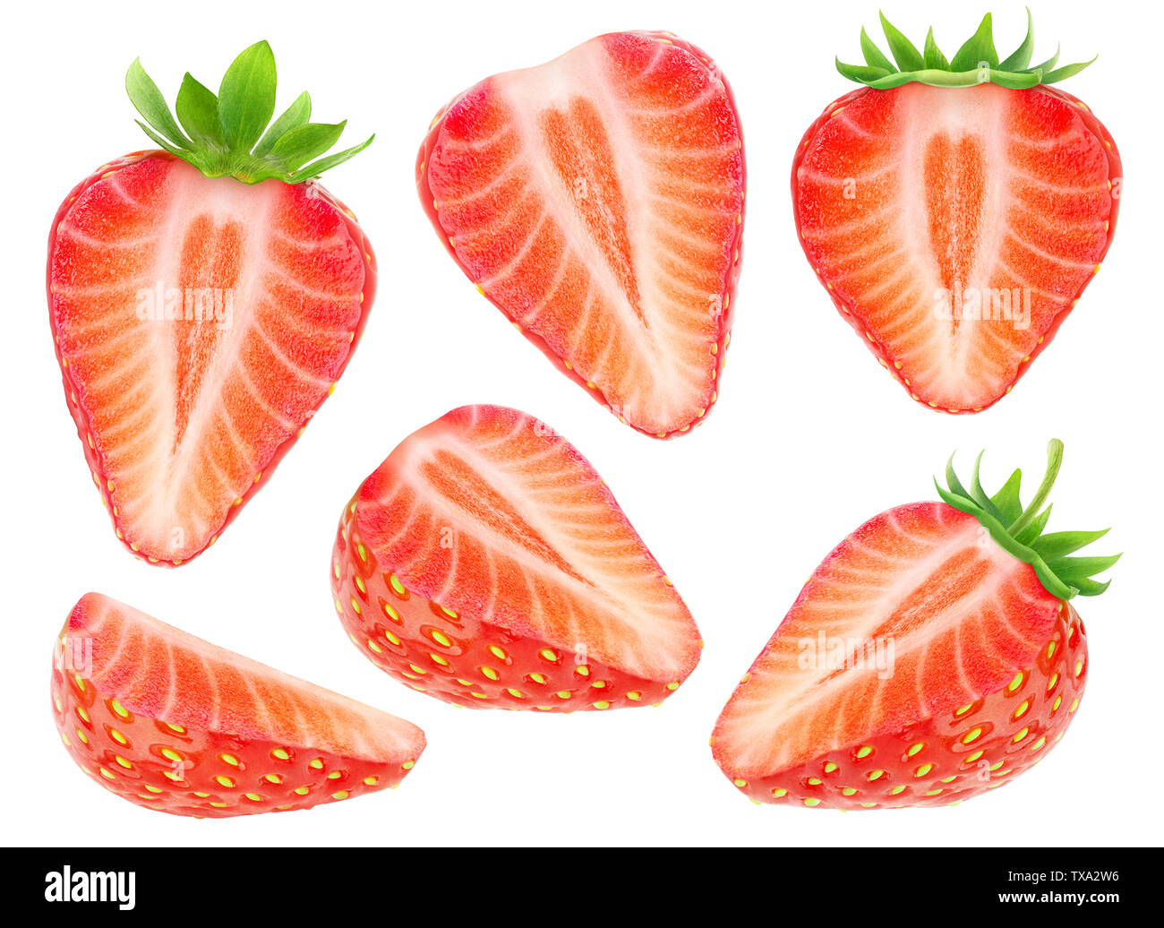 Isolated strawberry pieces. Collection of cut strawberry fruits ...