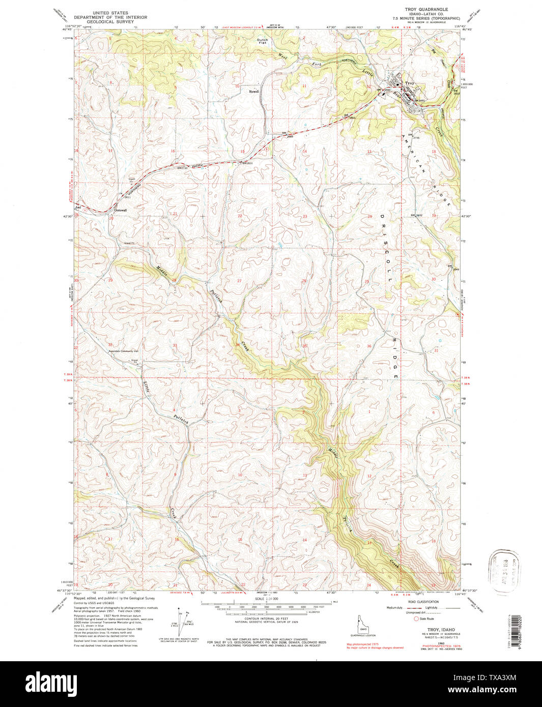 USGS TOPO Map Idaho ID Troy 238558 1960 24000 Restoration Stock Photo ...