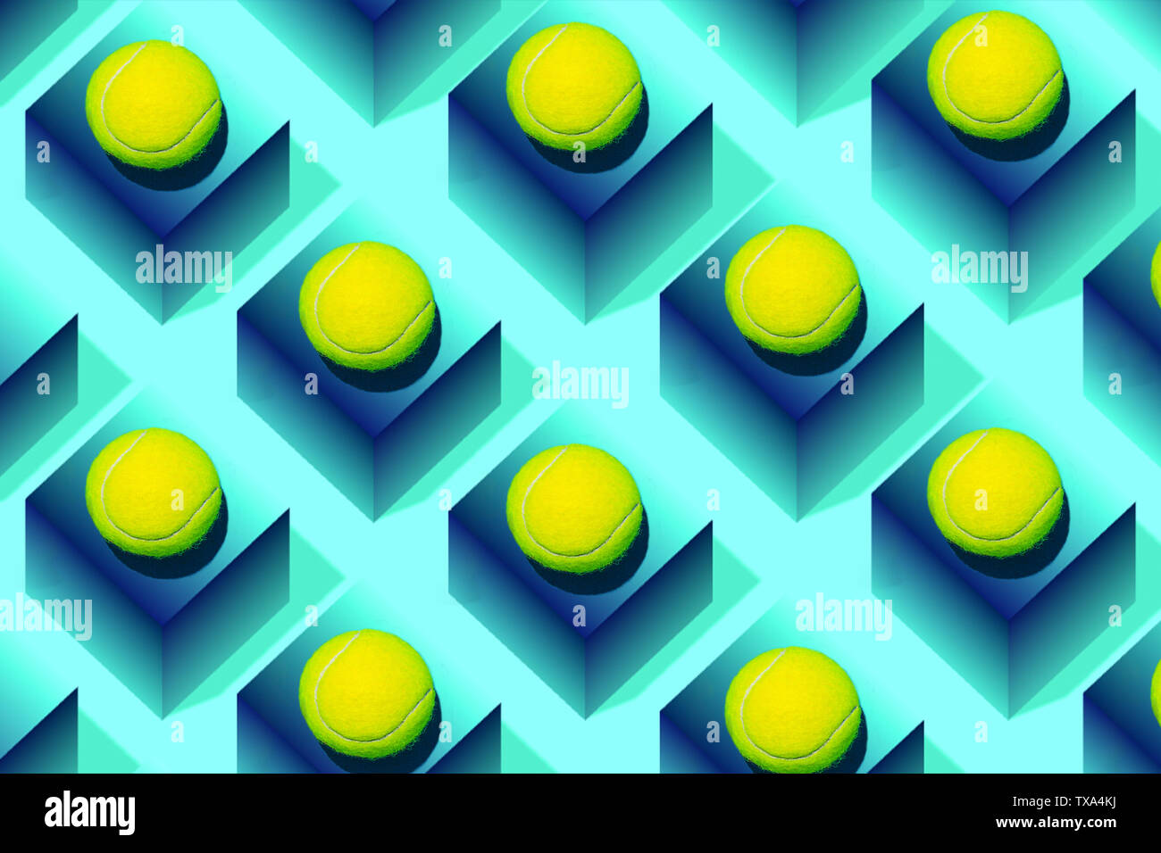 Creative composition made with tennis ball on blue geometric background ...