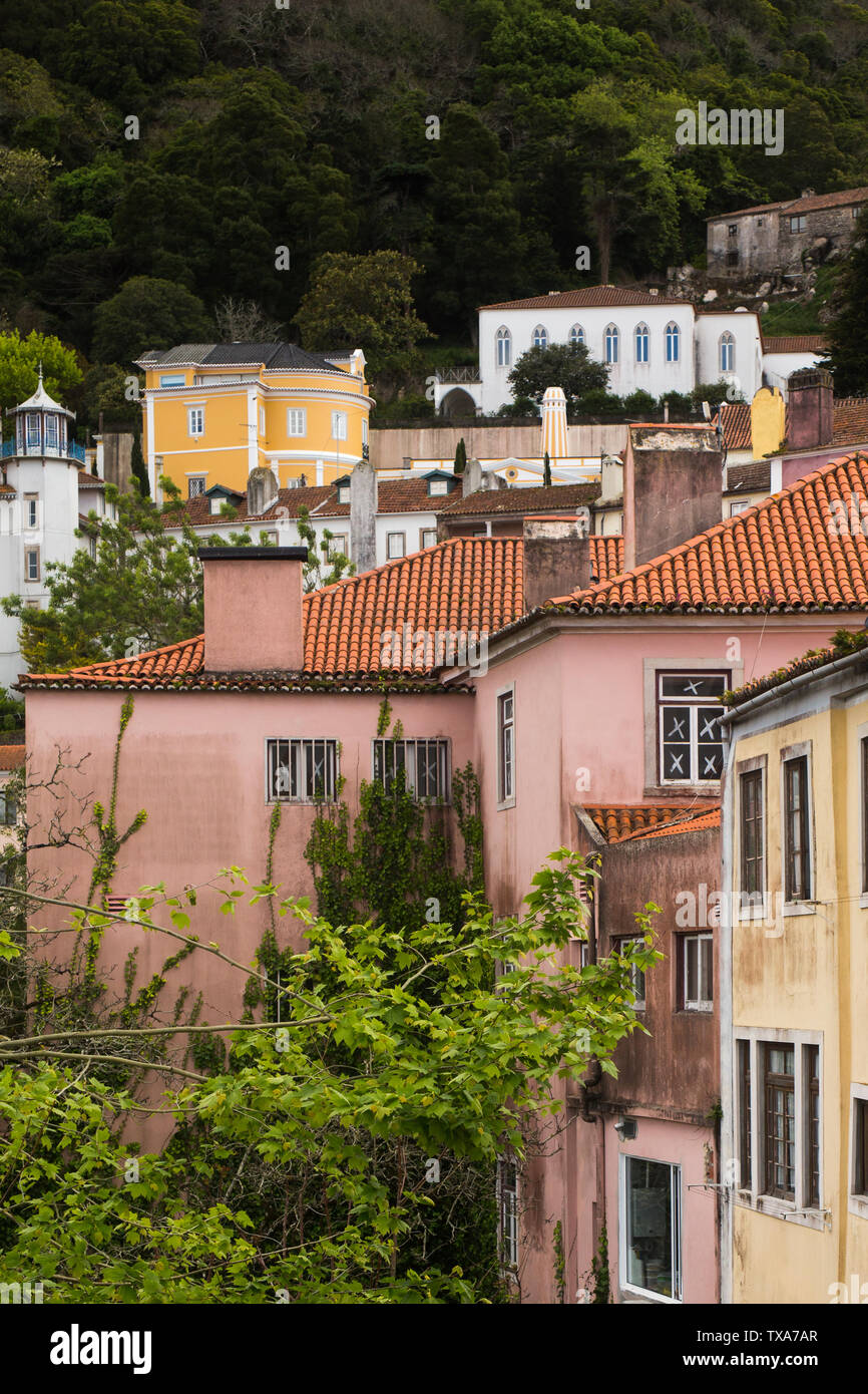 View of densely located colourful old town centre buildings at the ...
