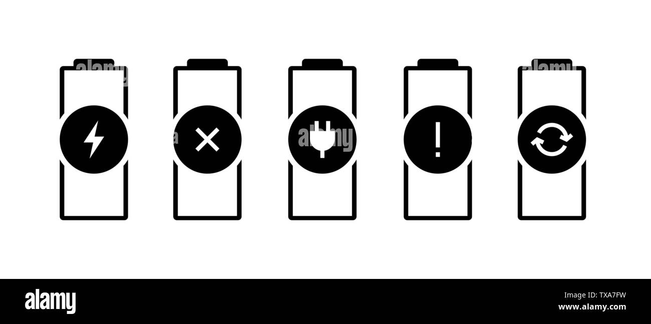 Battery charge indicator status icon set. Gadgets accumulator faulty ...