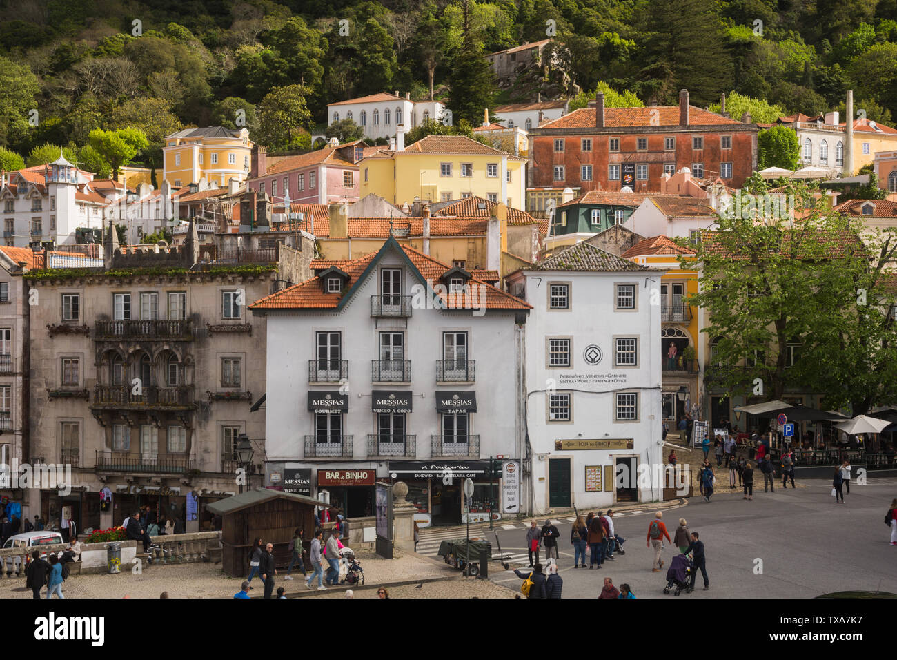 View of densely located colourful old town centre buildings at the ...
