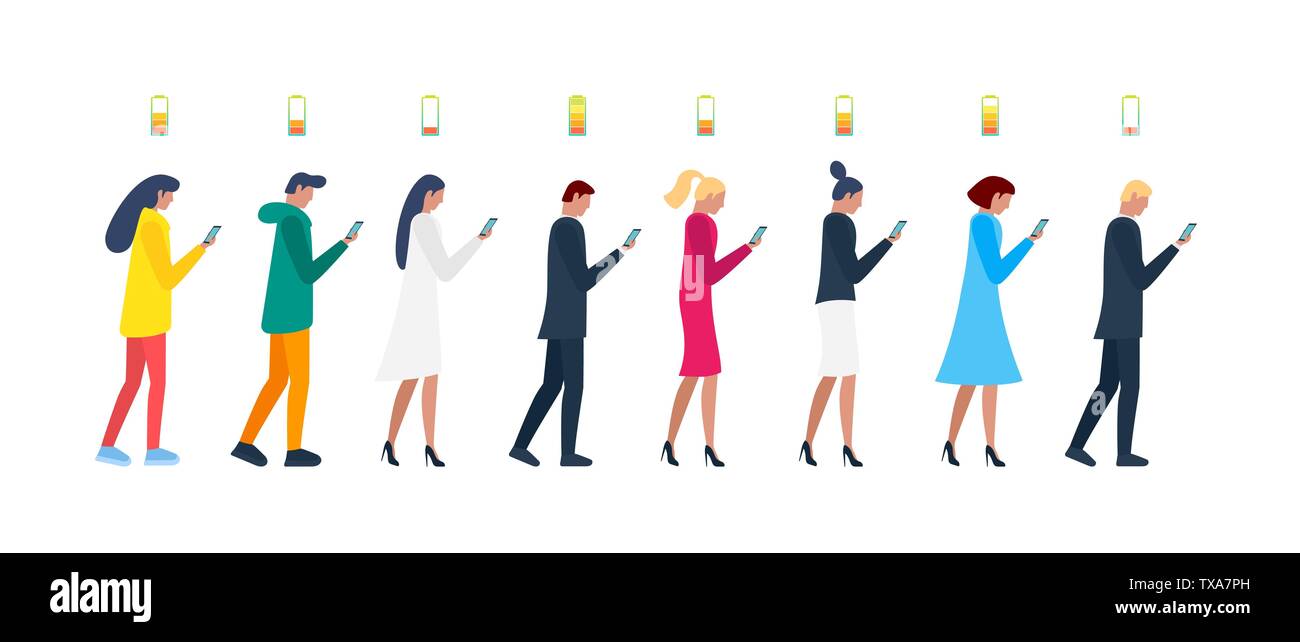 Crowd men and women walking with smartphones. Male and female ...
