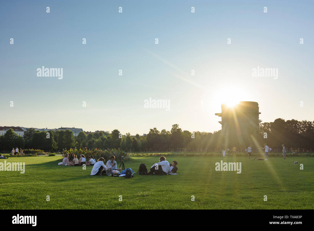 Wien, Vienna: park Augarten, flak antiaircraft gun tower, people ...