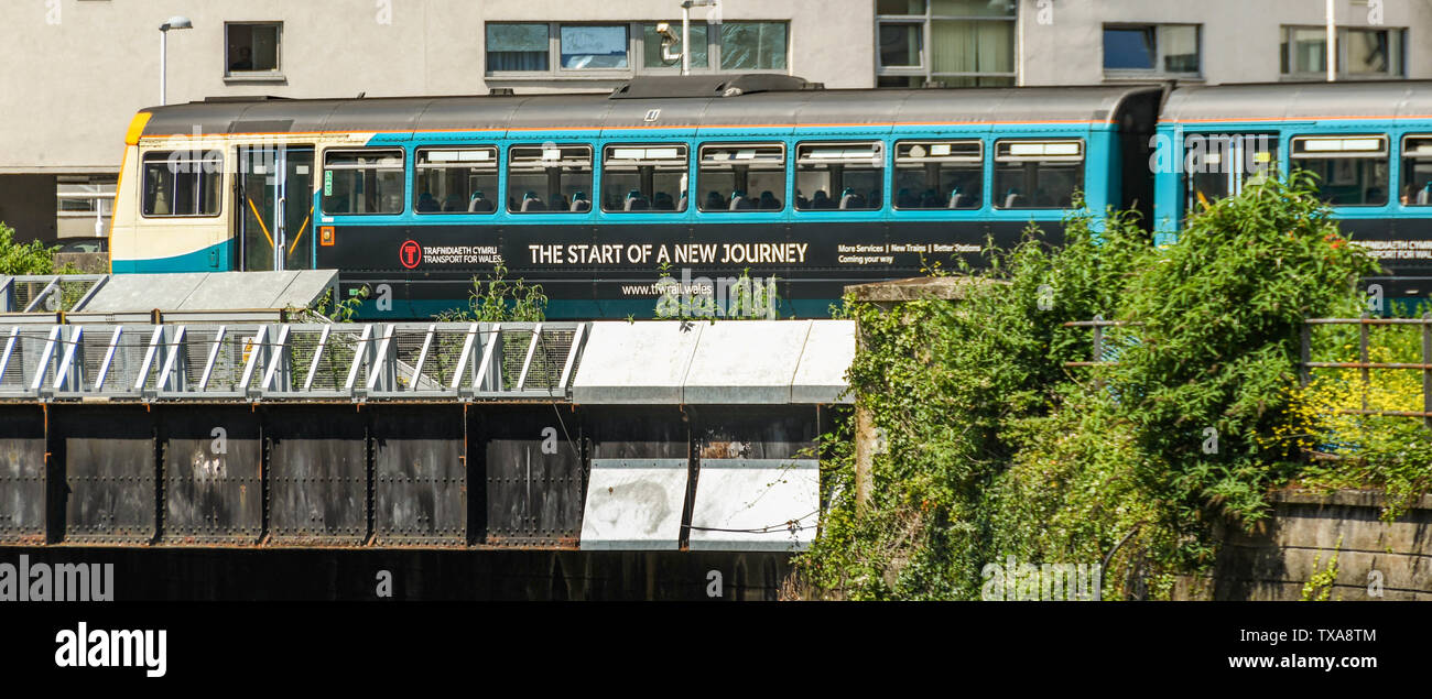 CARDIFF, WALES - JUNE 2019: Commuter train in the interim livery of ...