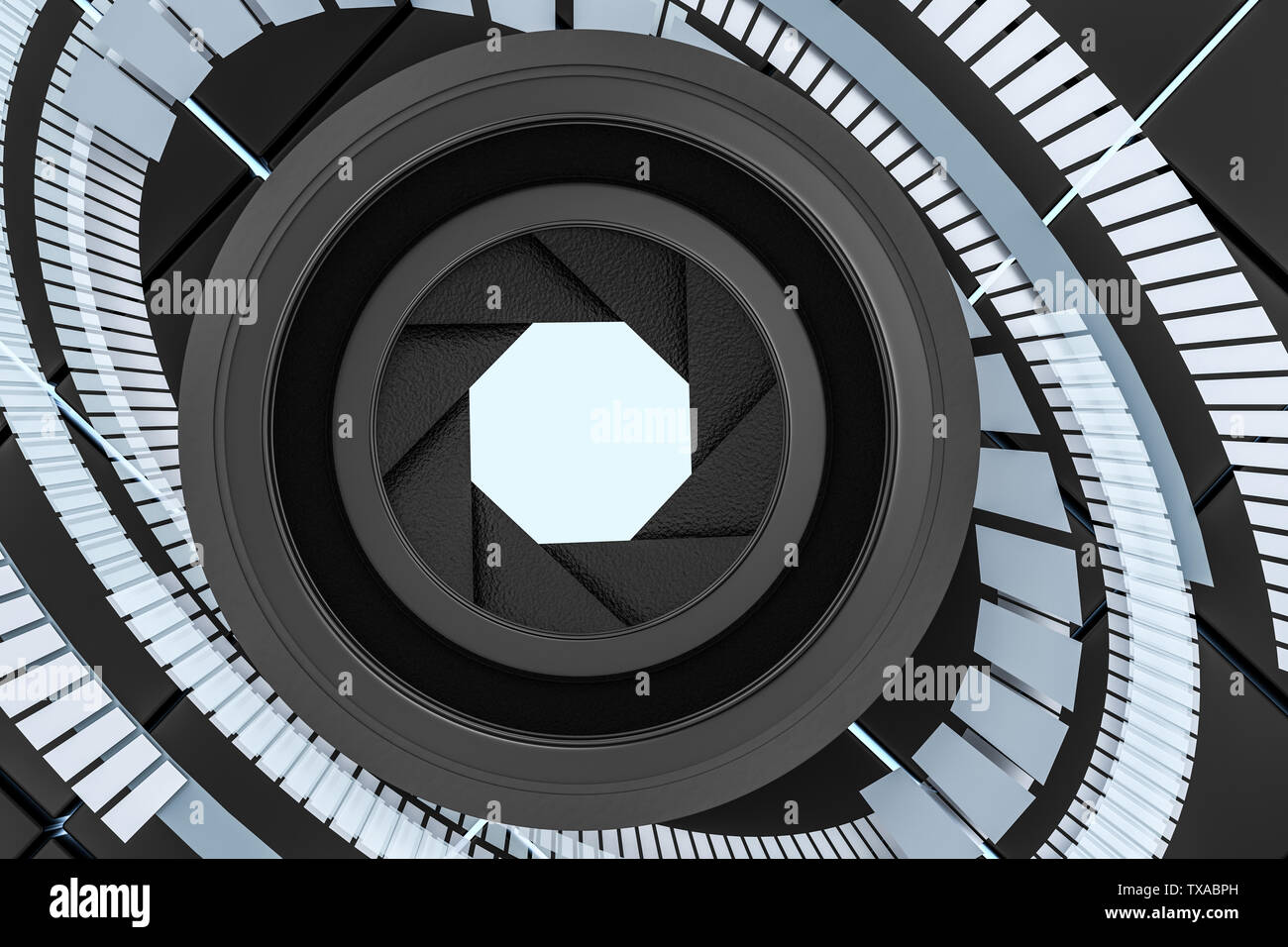 3d rendering,camera lens in a dark studio background. Computer digital ...